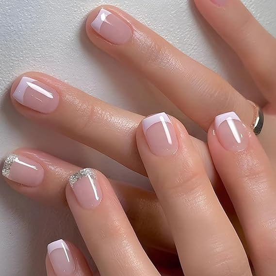 Amazon.com: Short French Tip Press on Nails Square Fake Nails with ...