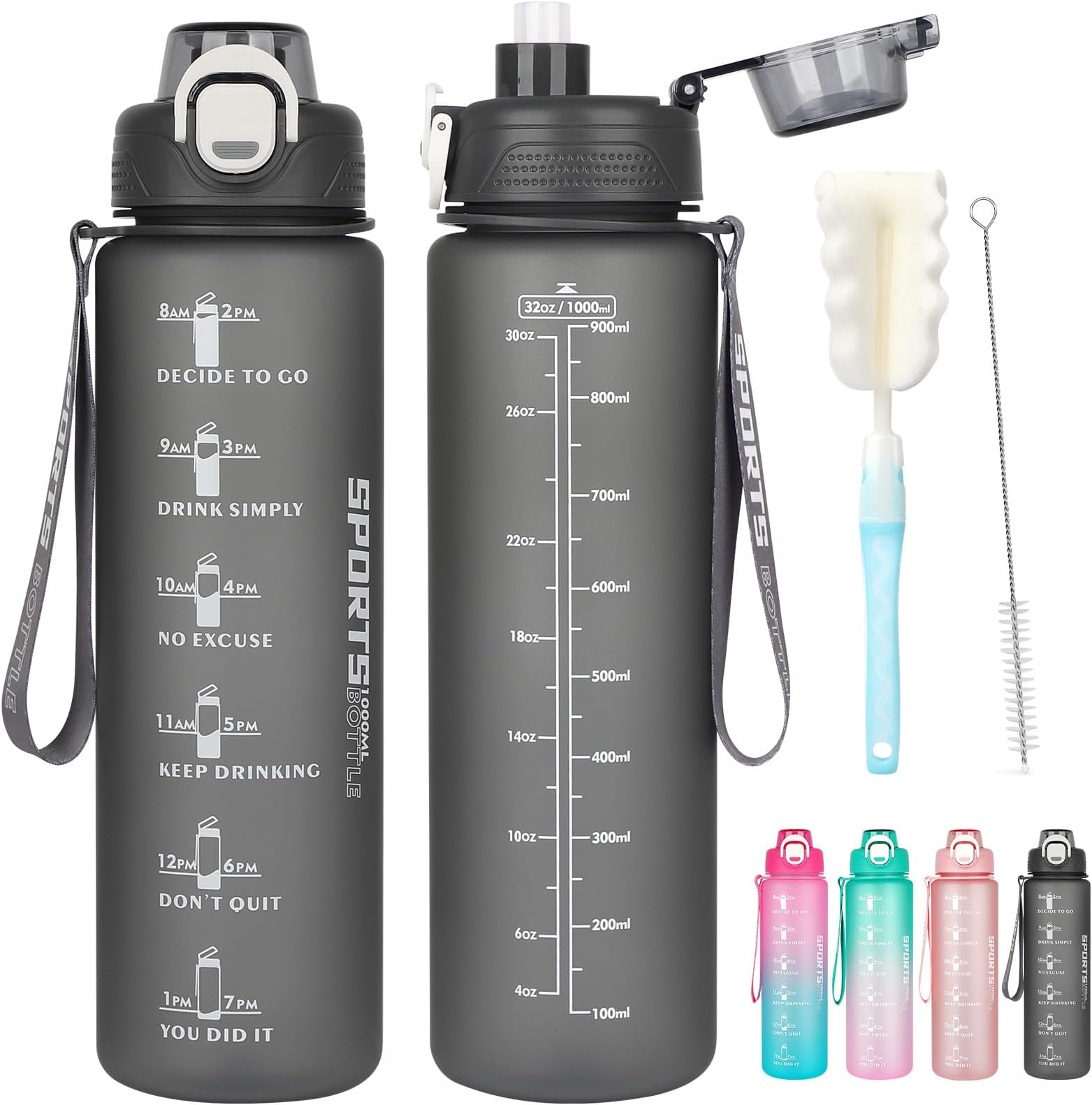 AOHAN Trinkflasche Sport 2l, Wasserflasche mit Strohhalm und ...