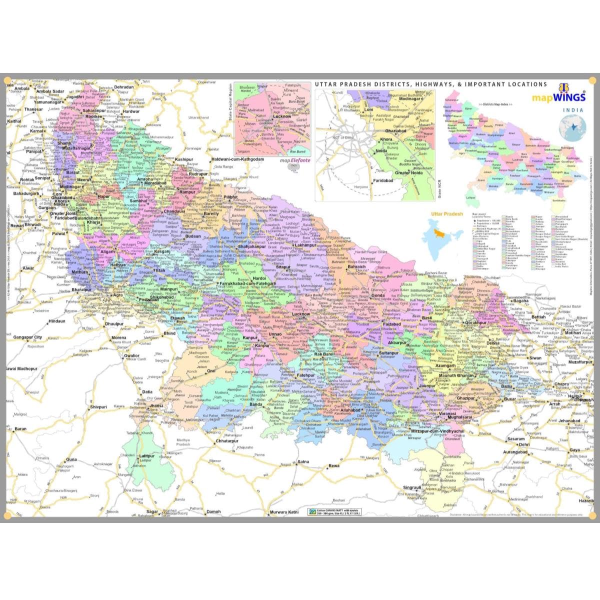 Map of Districts of | state of UTTAR PRADESH | on COTTON CANVAS with ...