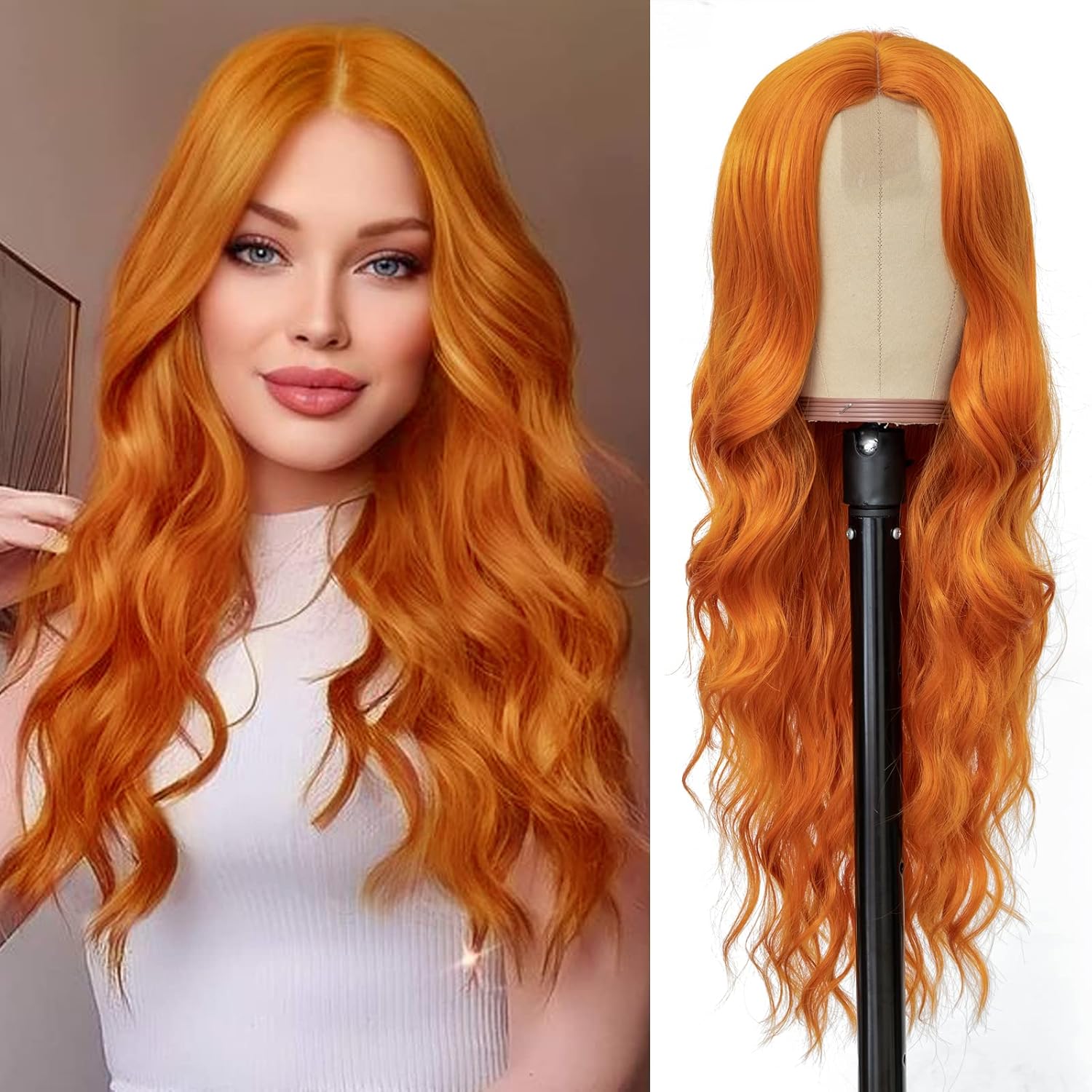 Amazon.com : NAYOO Long Ginger Orange Wavy Wig for Women 26 Inch Middle ...