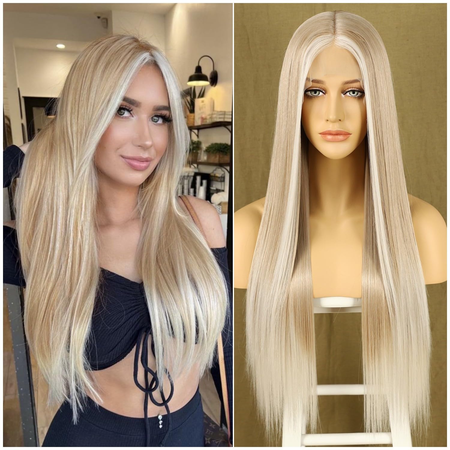 Sapphirewigs Ombre Szőke Hosszú Egyenes Paróka - Csipke Elül