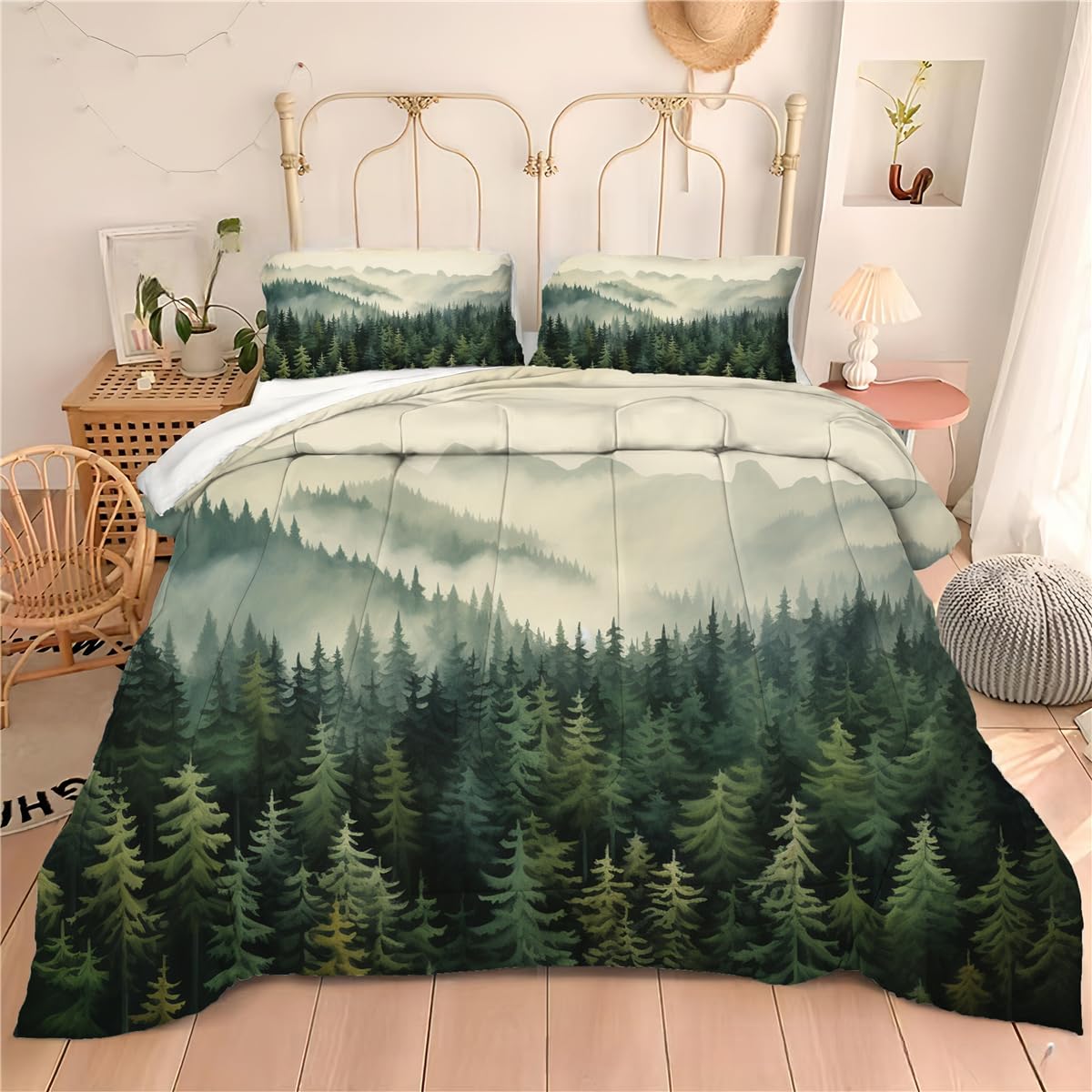 Amazon.com: Misty Forest Green Pine Trees Bedding Set King Size for ...