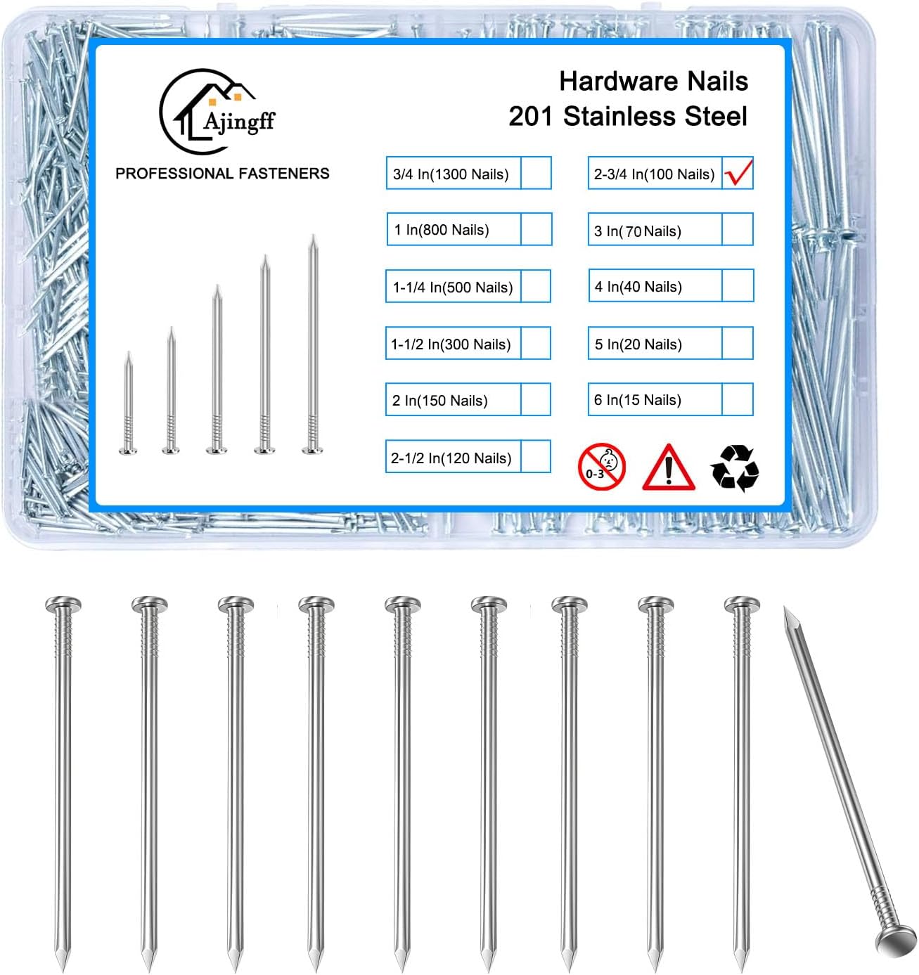 Amazon.com: 100PCS Galvanized Steel Hardware Nails Storage Box, 2-3 ...