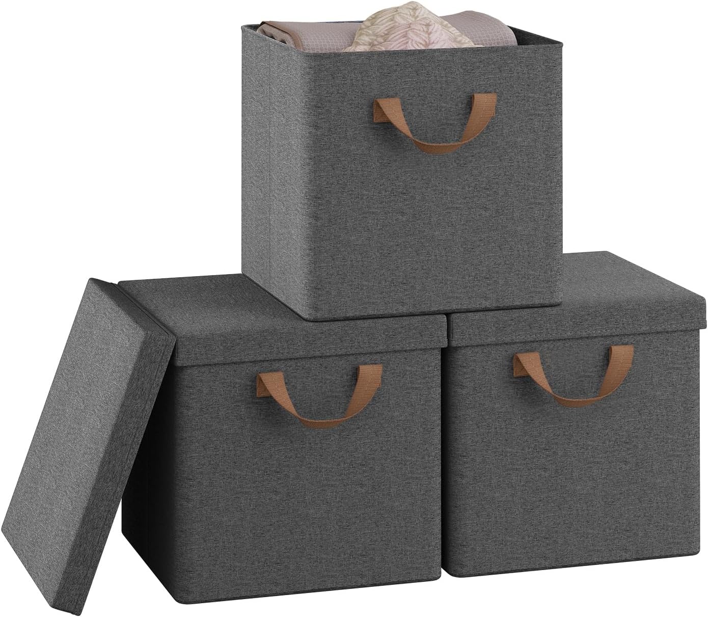 WOLTU Fabric Storage Boxes Set of 3, Folding Baskets with Lids, Handles ...