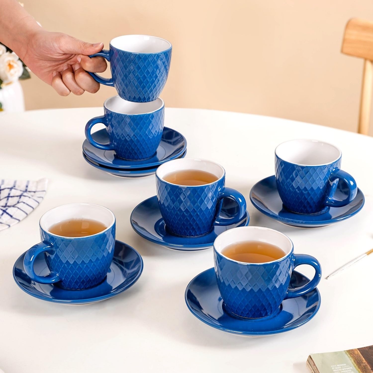 Nestasia Elegant Ceramic Tea Cup and Saucer Set of 6 | Fluted Design ...