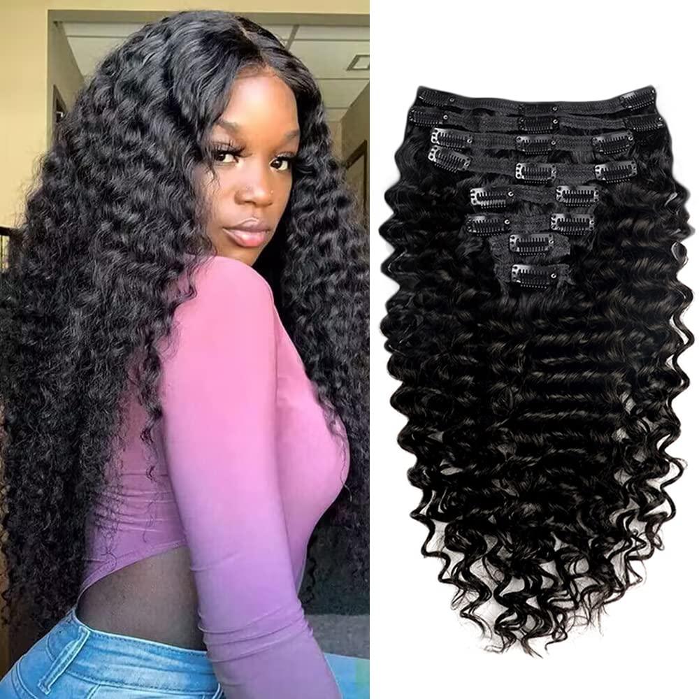 Amazon.com : Graww Deep Wave Clip in Hair Extensions Real Human Hair for Black Women 8Pcs Deep ...