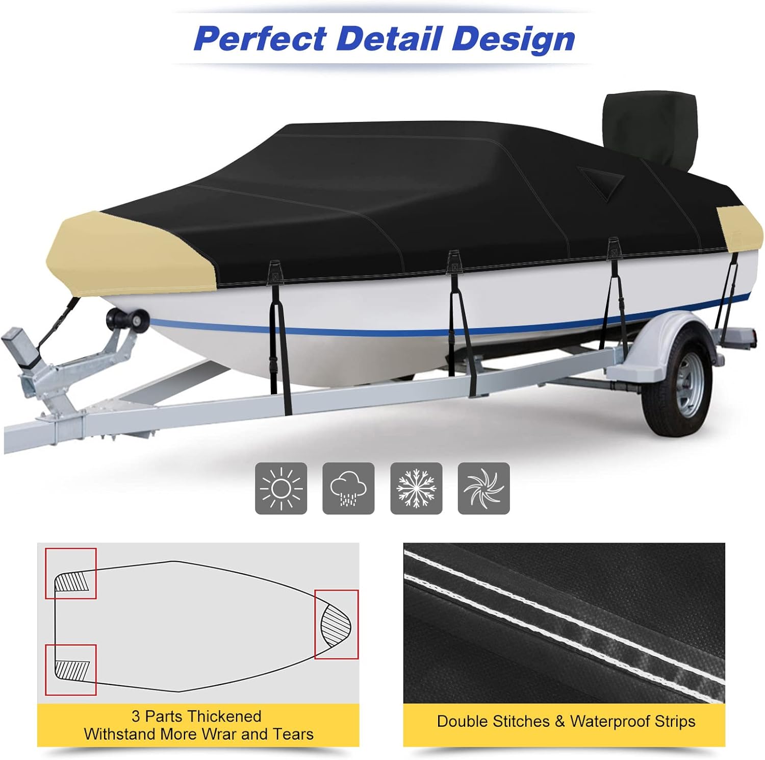 Funda para lancha de 14 a 16 pies, 600D, impermeable, con cubierta de motor, para lanchas bajas ...