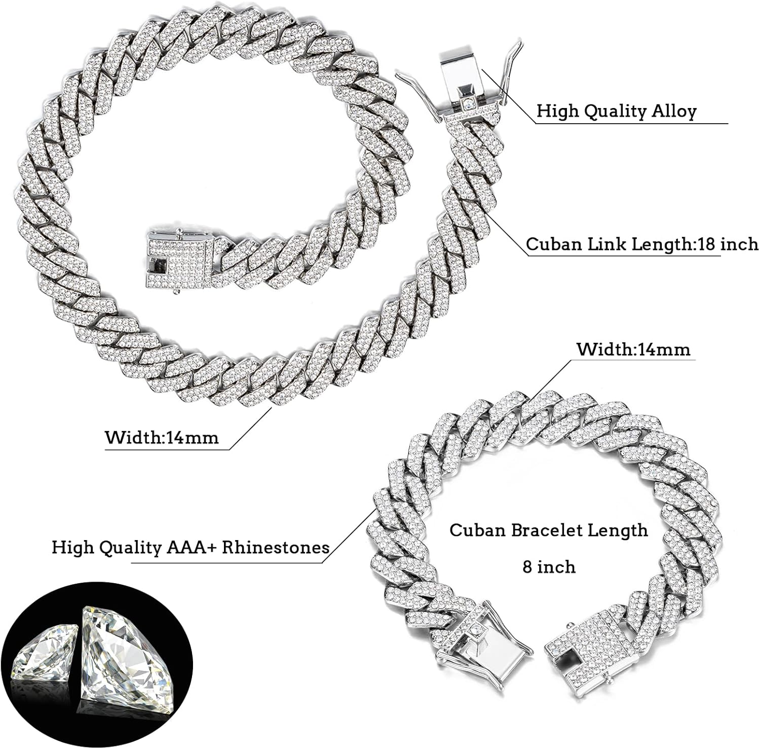 UILZ 2Pcs Cuban Link Bracelet Set for Men Iced Out Miami Cuban Necklace ...