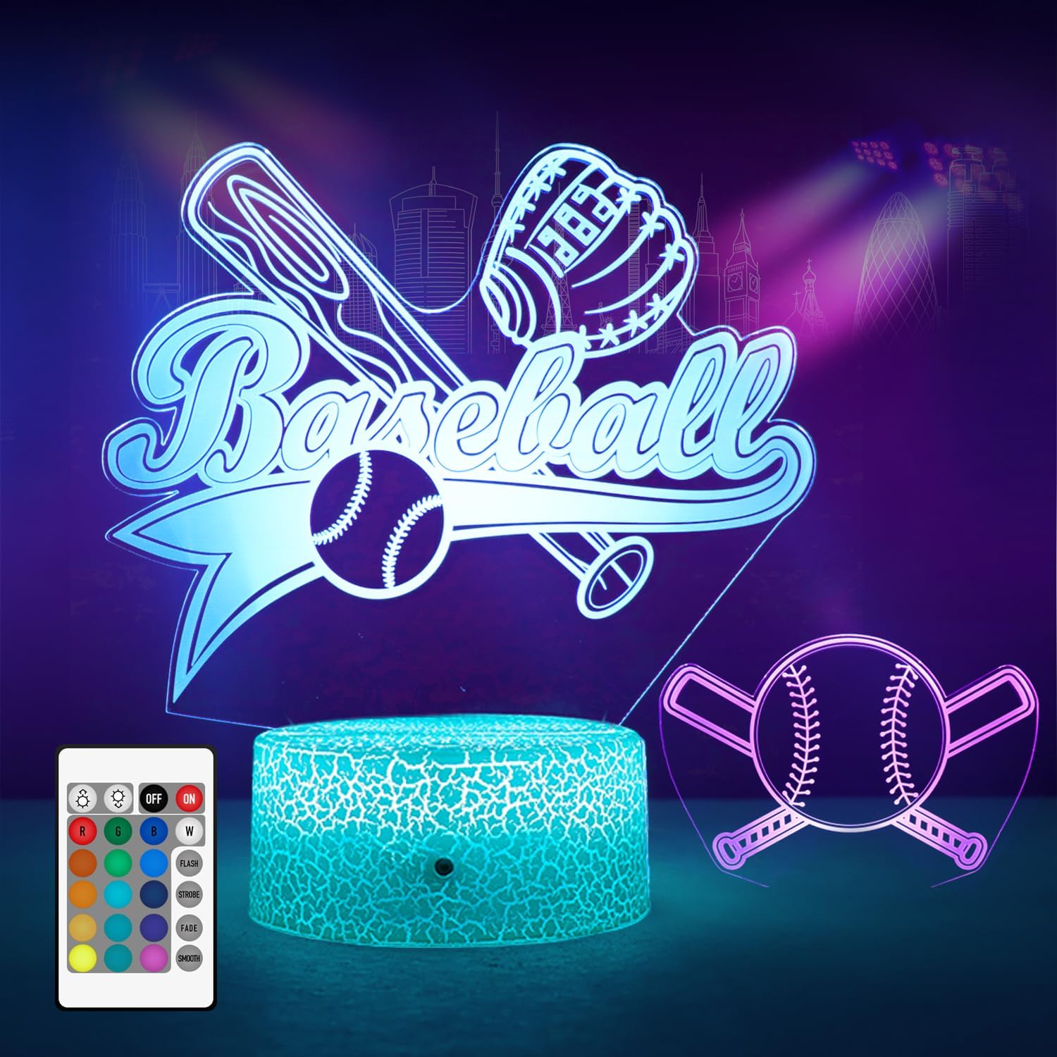 Baseball Night Light - 3D Illusion Lamp with 16 Color Changing ...