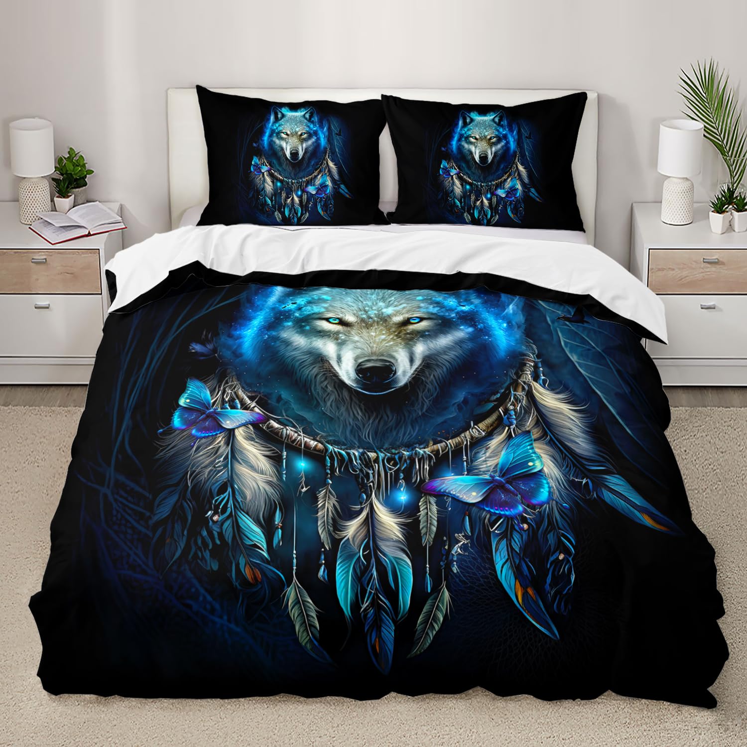 Amazon.com: AILONEN Galaxy Wolf Duvet Cover Set Full Size, Wolf Dream ...