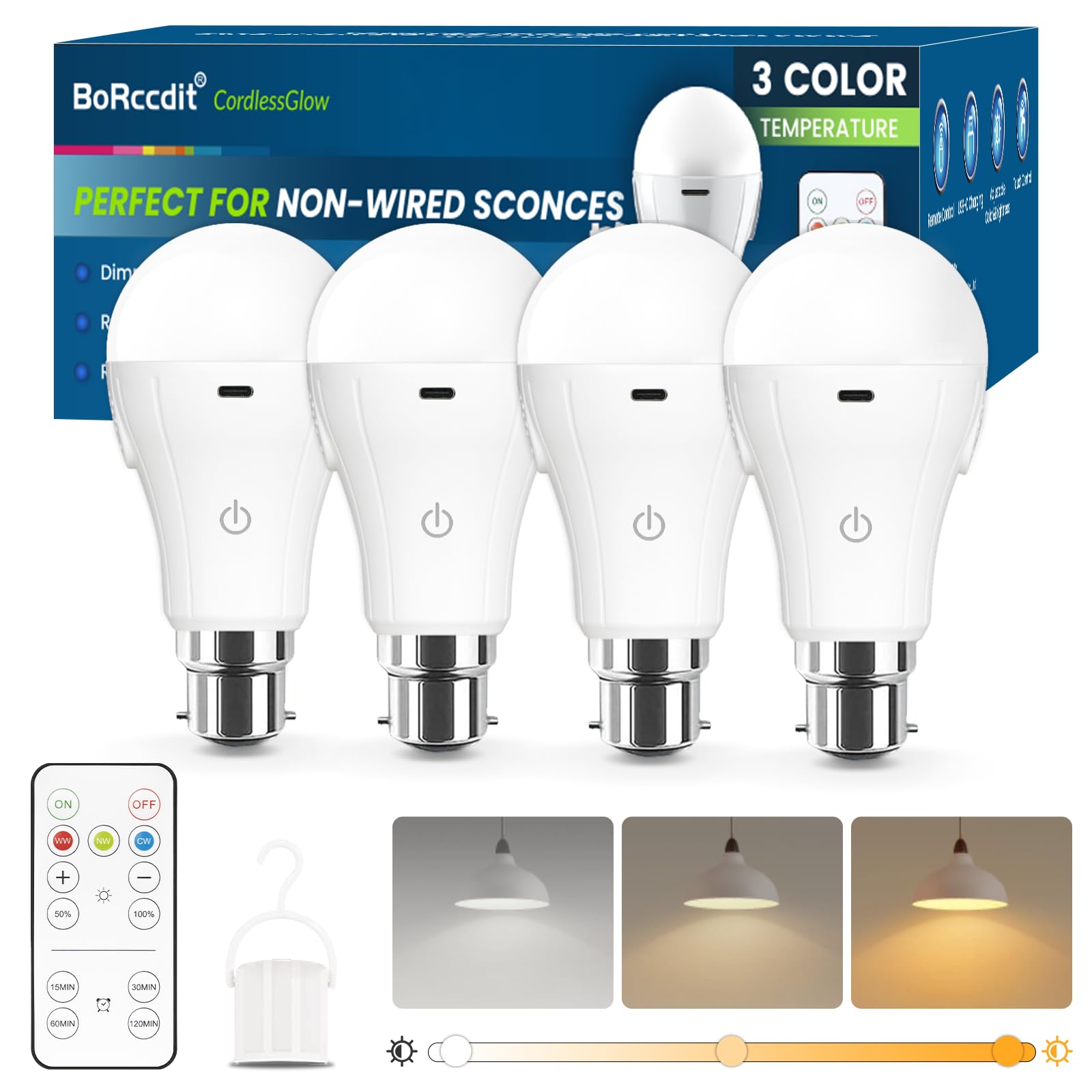 BoRccdit CordlessGlow Rechargeable Light Bulb, 3 Color Temperatures ...