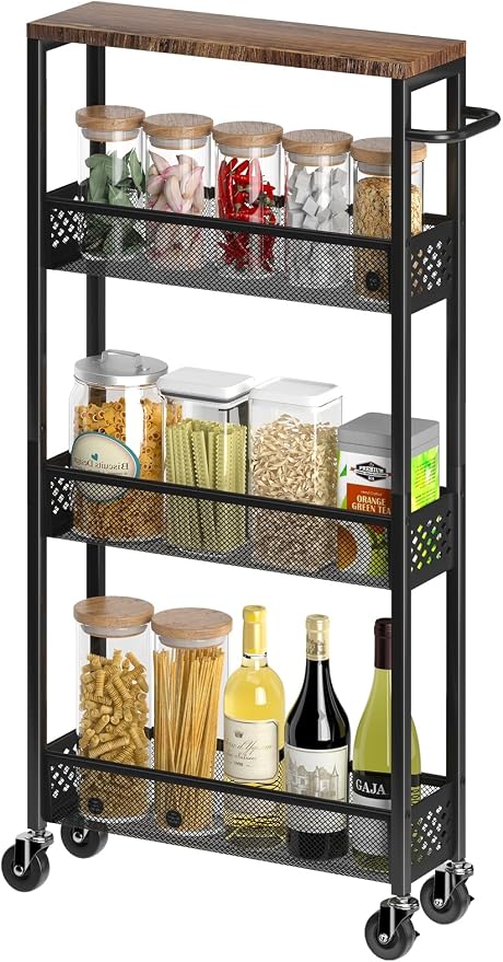Amazon.com: XYZLVSI Slim Storage Cart 4 Tier Narrow Kitchen Rolling ...