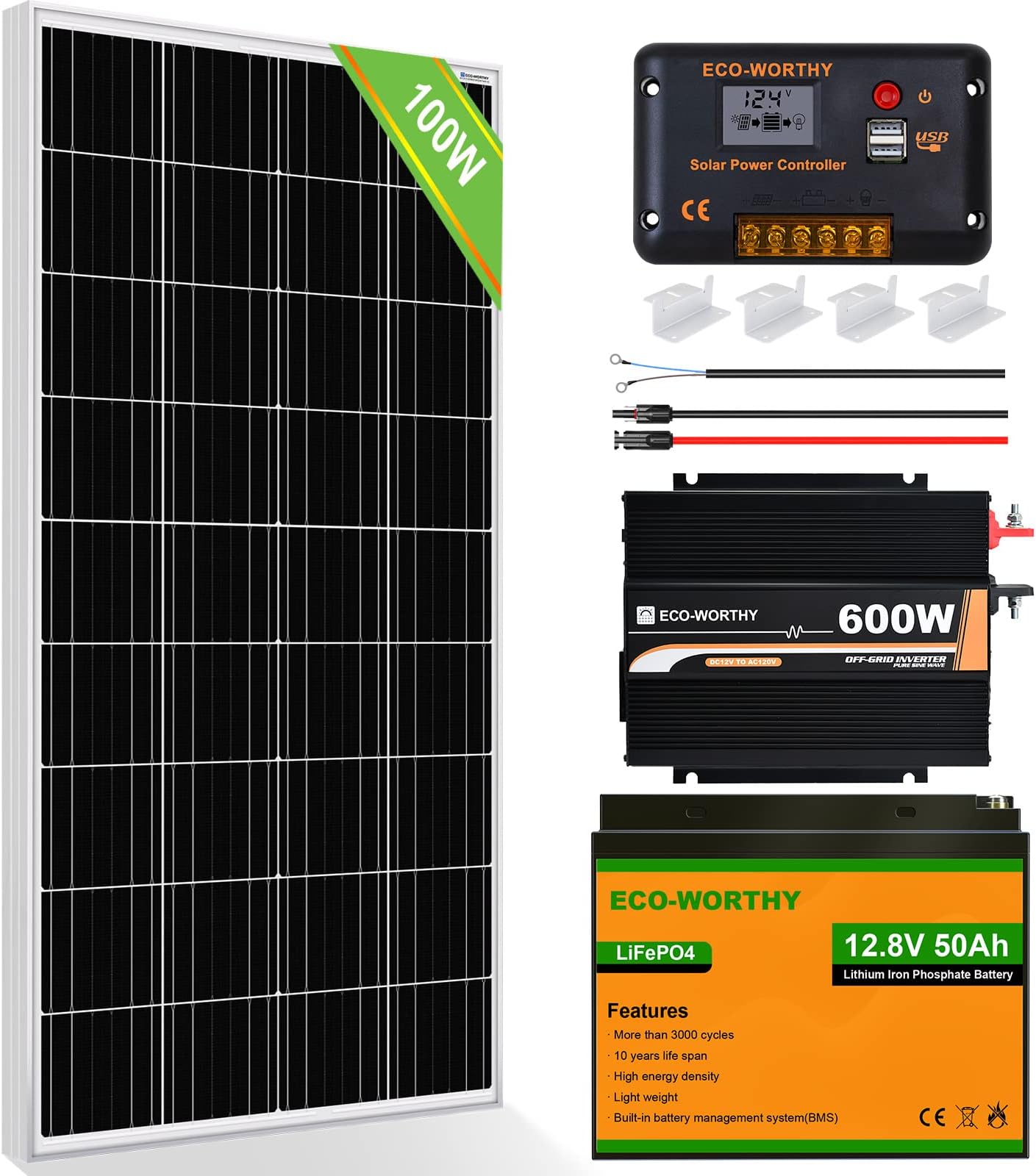 Amazon.com : ECO-WORTHY Solar Panel Kit with Battery and Inverter : 100 ...