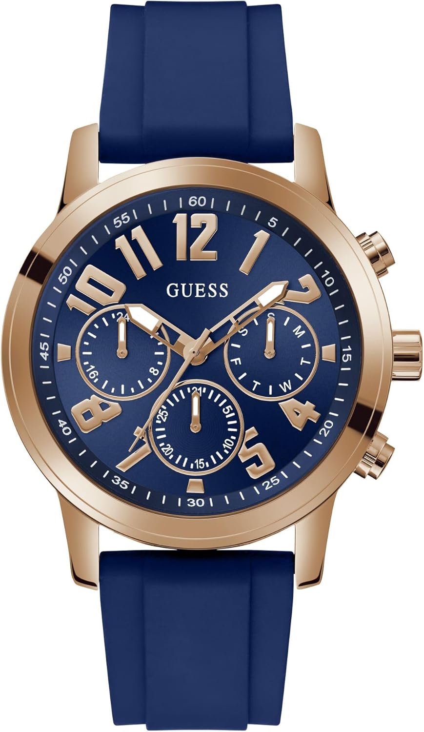 GUESS Mens Blue Rose Gold Tone Multi-Function Watch (Model: GW0708G3 ...