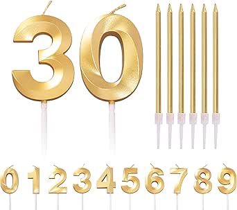 HONGCI Gold 30th Birthday Candle Number 30 Candles for Birthday Cake ...