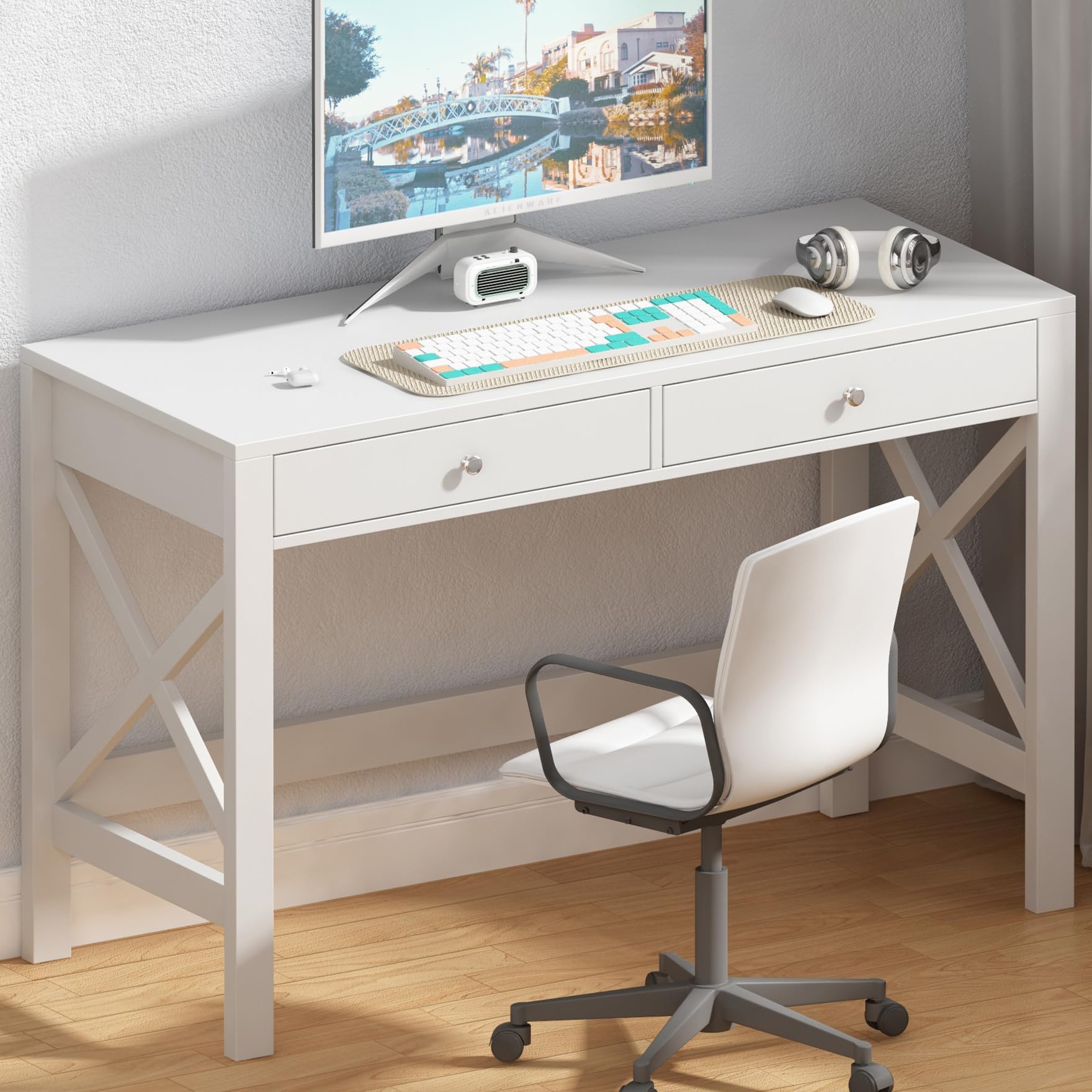 Amazon.com: Vikiullf White Desk with Rattan Cabinet - 47 in Home Office ...