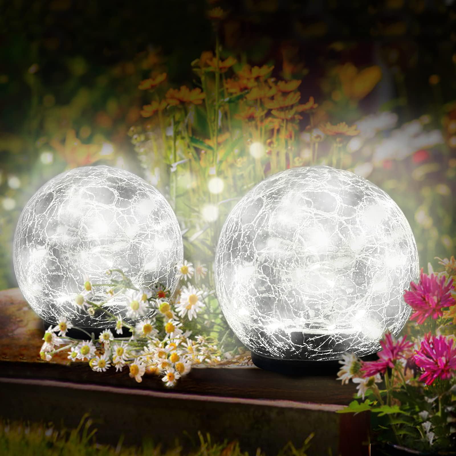 TOMEEX 2 Pack Solar Garden Lights, Cracked Glass Ball Waterproof Warm ...