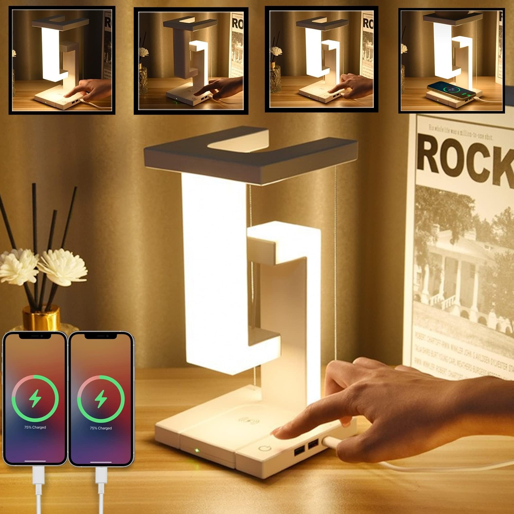 Table Lamp, Bedside Lamps with USB Port Wireless Charger 3 Light Modes ...