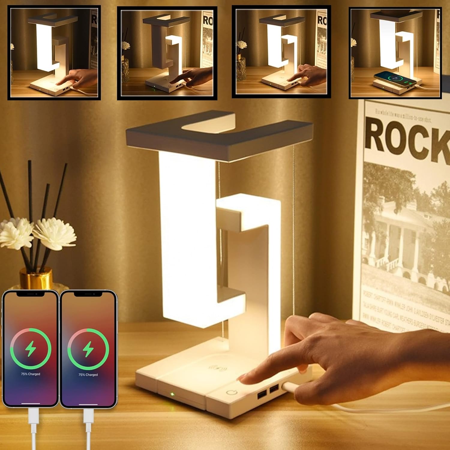 Table Lamp, Bedside Lamps with USB Port Wireless Charger 3 Light Modes ...