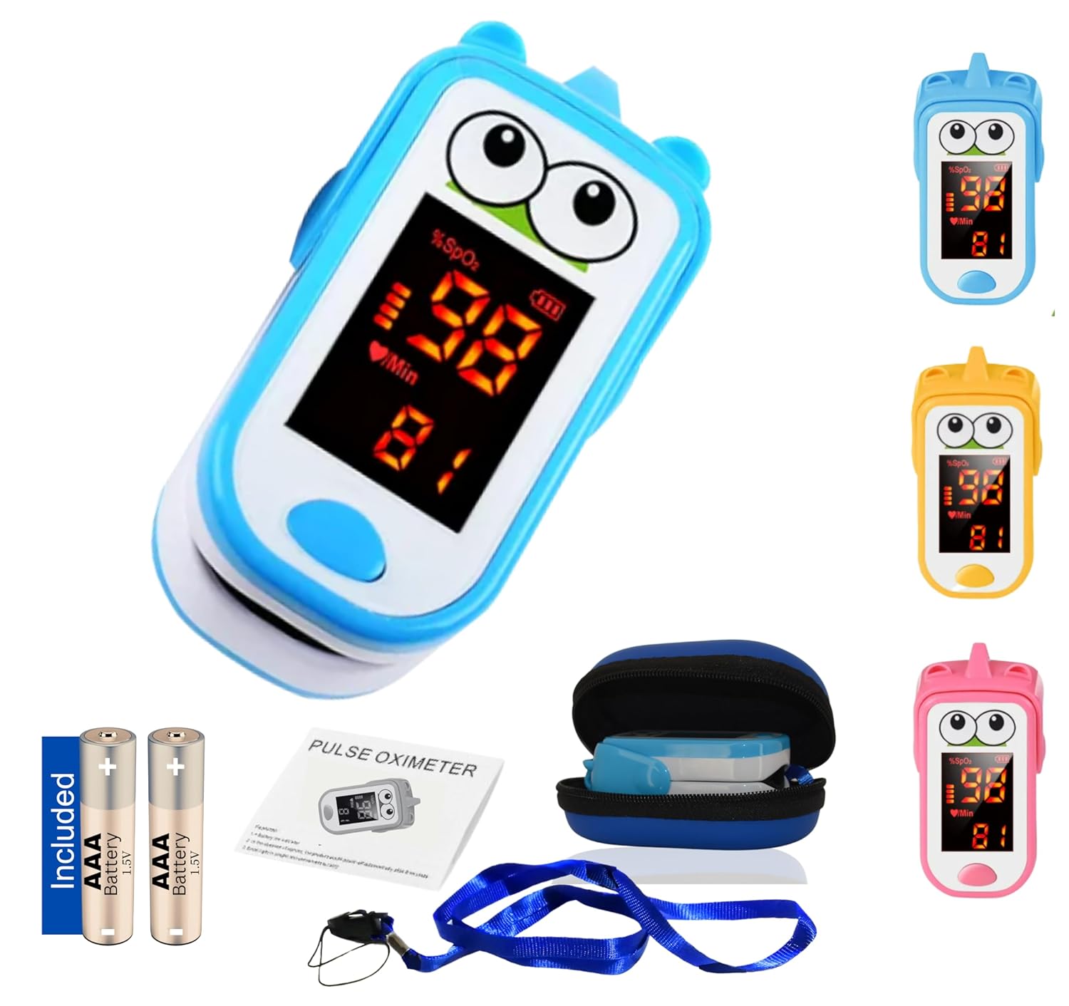 Pediatric Pulse Oximeter with Carrier Case x2 AAA Battery, Lanyard ...