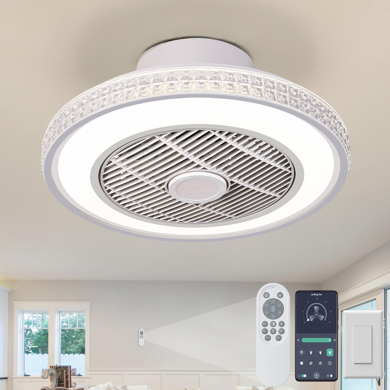 Low Profile Ceiling Fans with Lights and Remote 16 Inch Crystal Flush ...