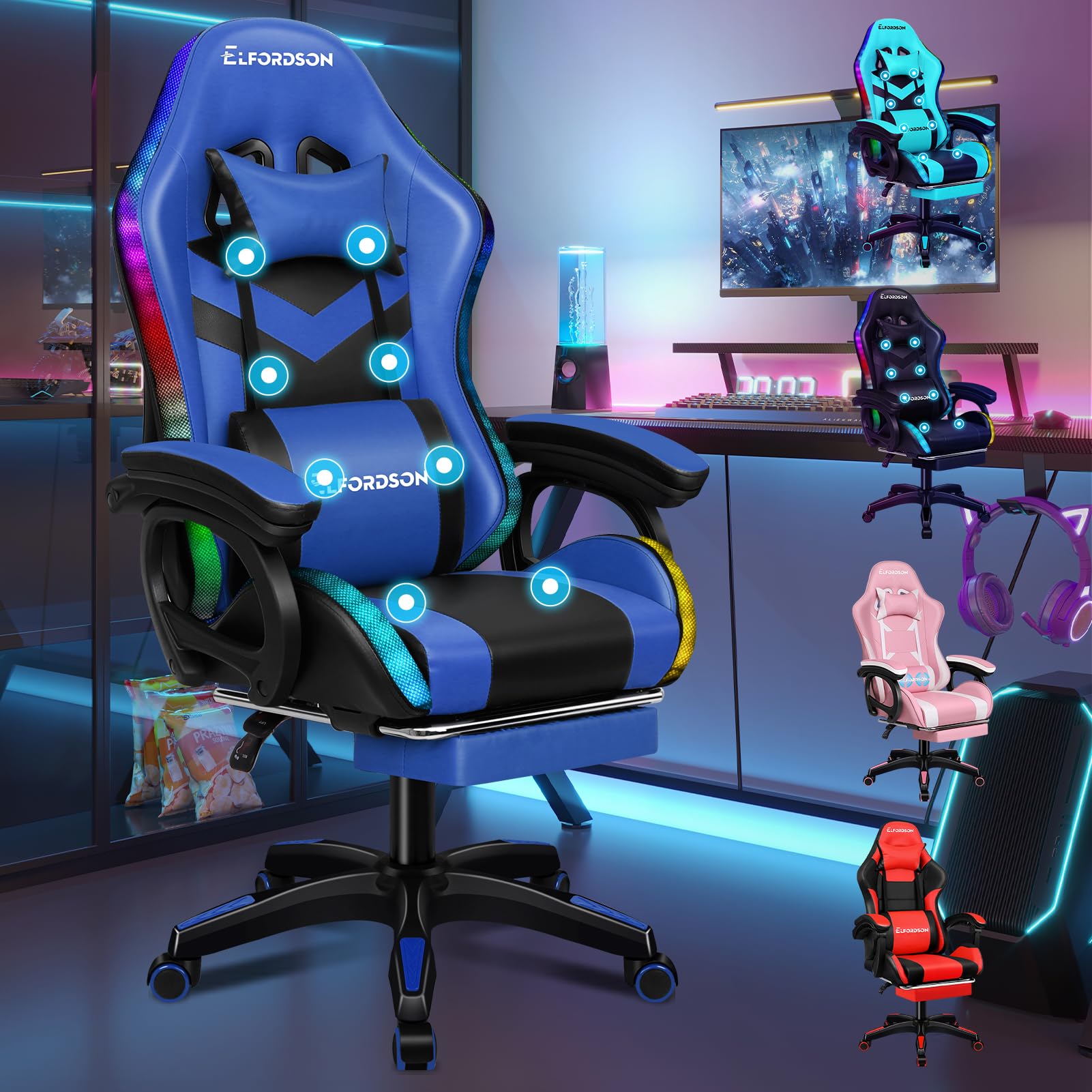 ELFORDSON LED Gaming Chair with 8-POINT Massage, Swivel Office Chair ...