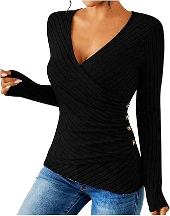 Womens Sexy Wrap Cleavage Tops Tight Long Sleeve Ribbed Shirts Fashion ...