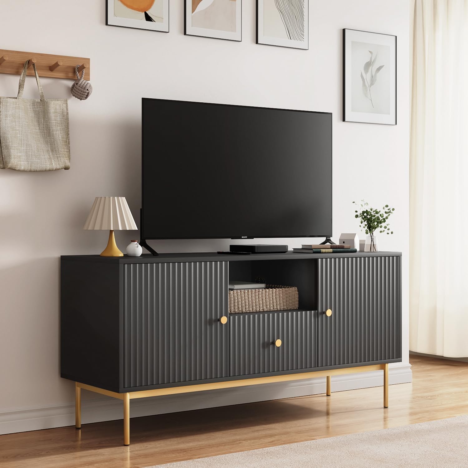 Amazon.com: Black TV Stand with Wave Fluted Panel for 55'' TV, Living ...