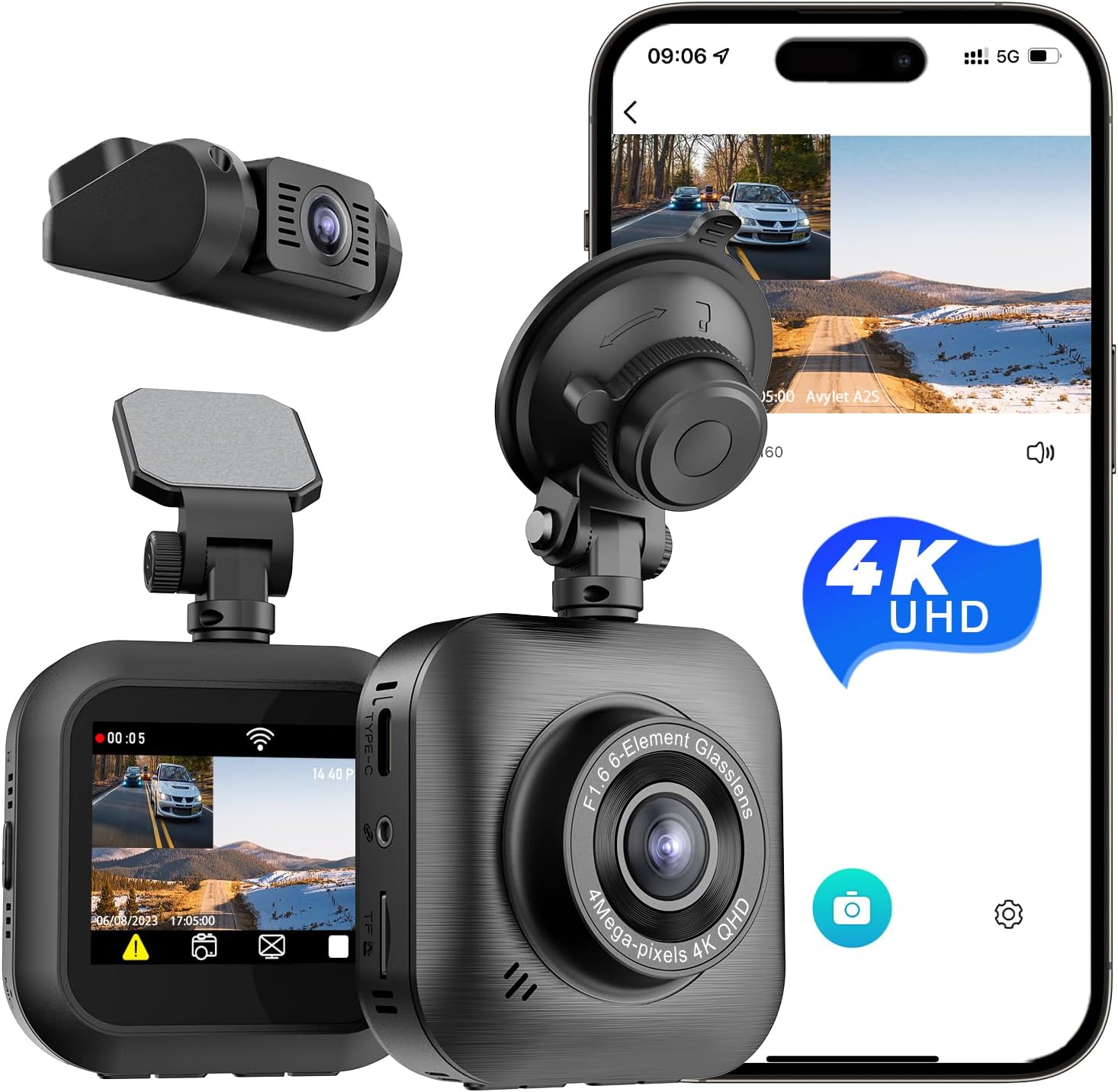 Amazon.com: Avylet Dash Cam Front and Rear, 4K/1080P Wi-Fi Dash Camera ...