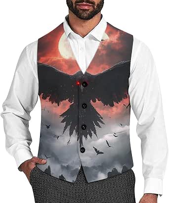 Raven Moon Crow Suit Vest for Men Slim Fit Tuxedo Waistcoat Button Down ...