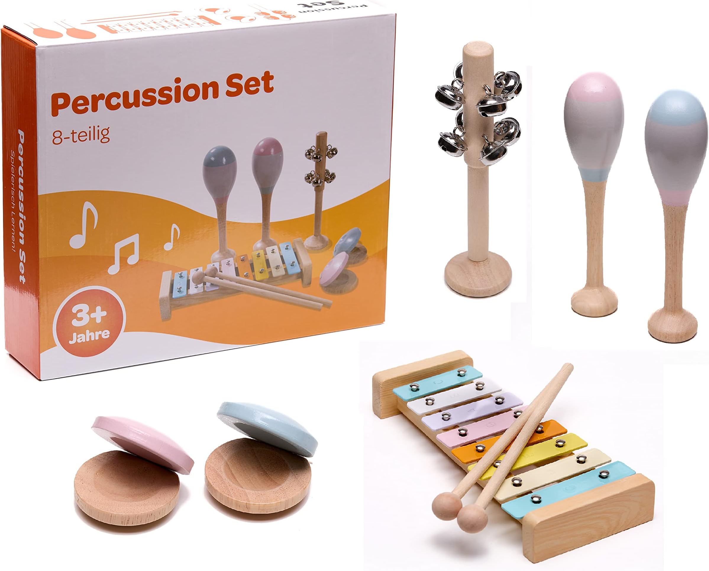 Kinder-Percussion-Set, Kinder Instrumente, 8-teilg aus Holz bestehend ...