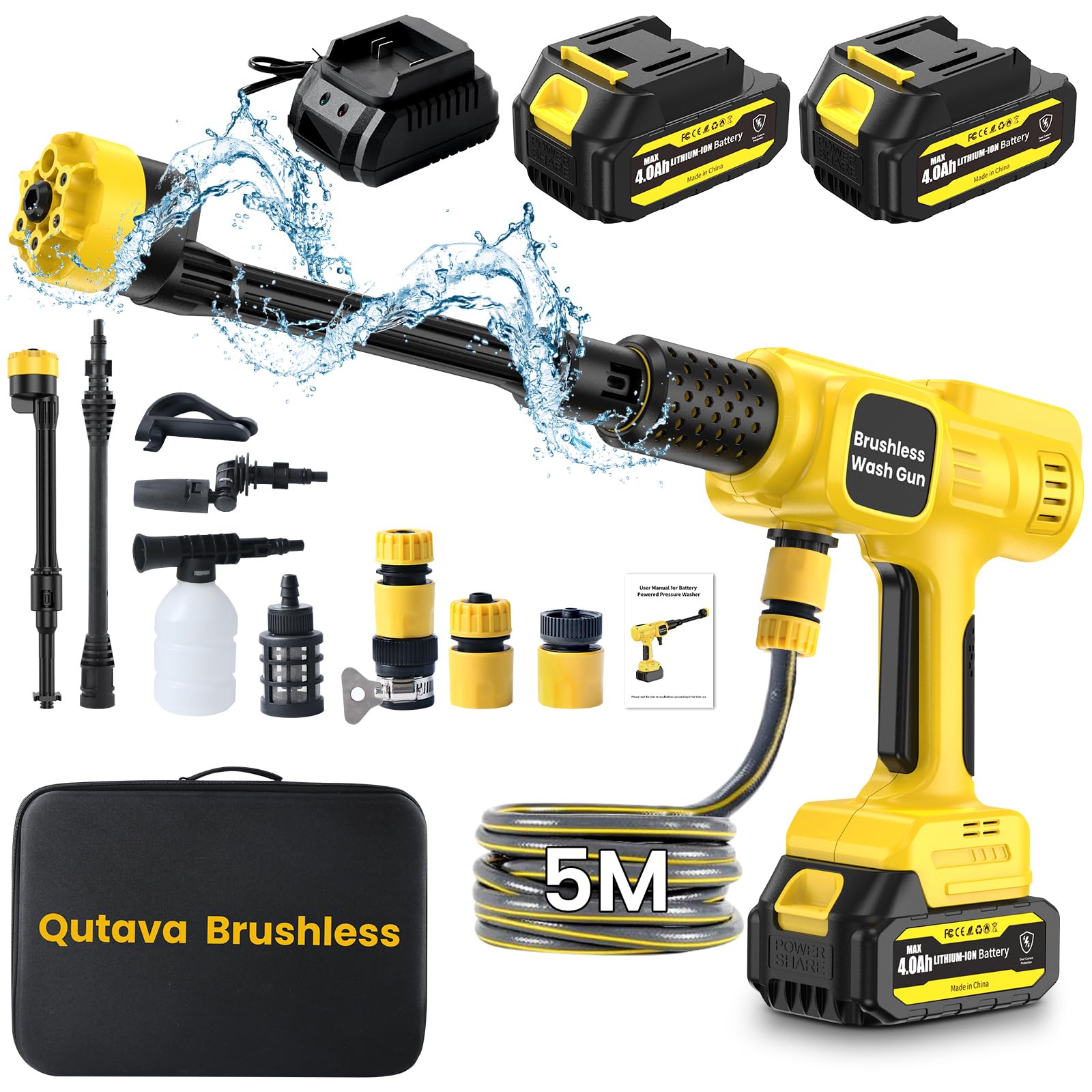 Professional Cordless High Pressure Washer Portable with 2 x 4000mAh ...