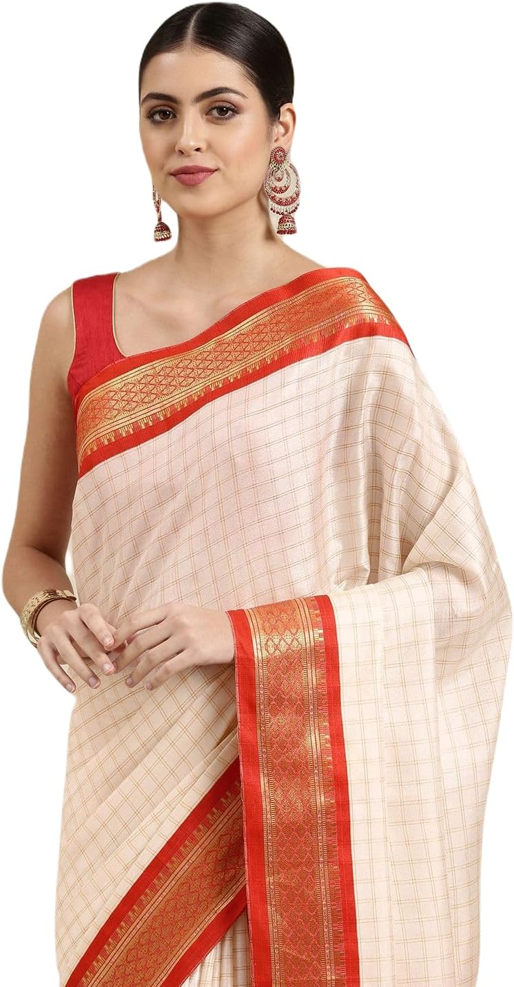 Amazon.com: INDIA MADE White & Red Checked Zari Silk Cotton Saree ...