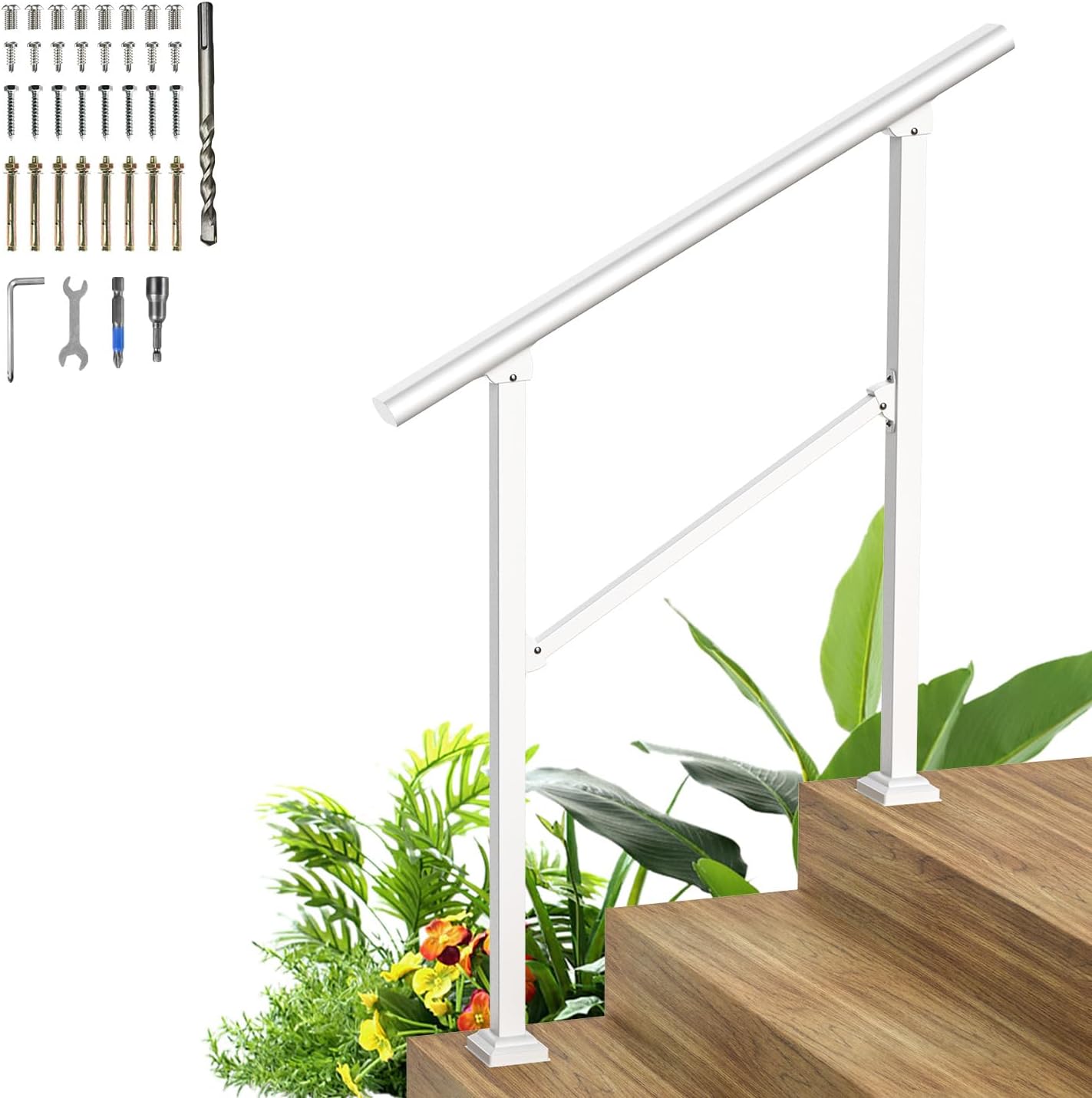 HOOSHEE Handrails for Outdoor Steps,3 Steps Metal Handrail,White ...