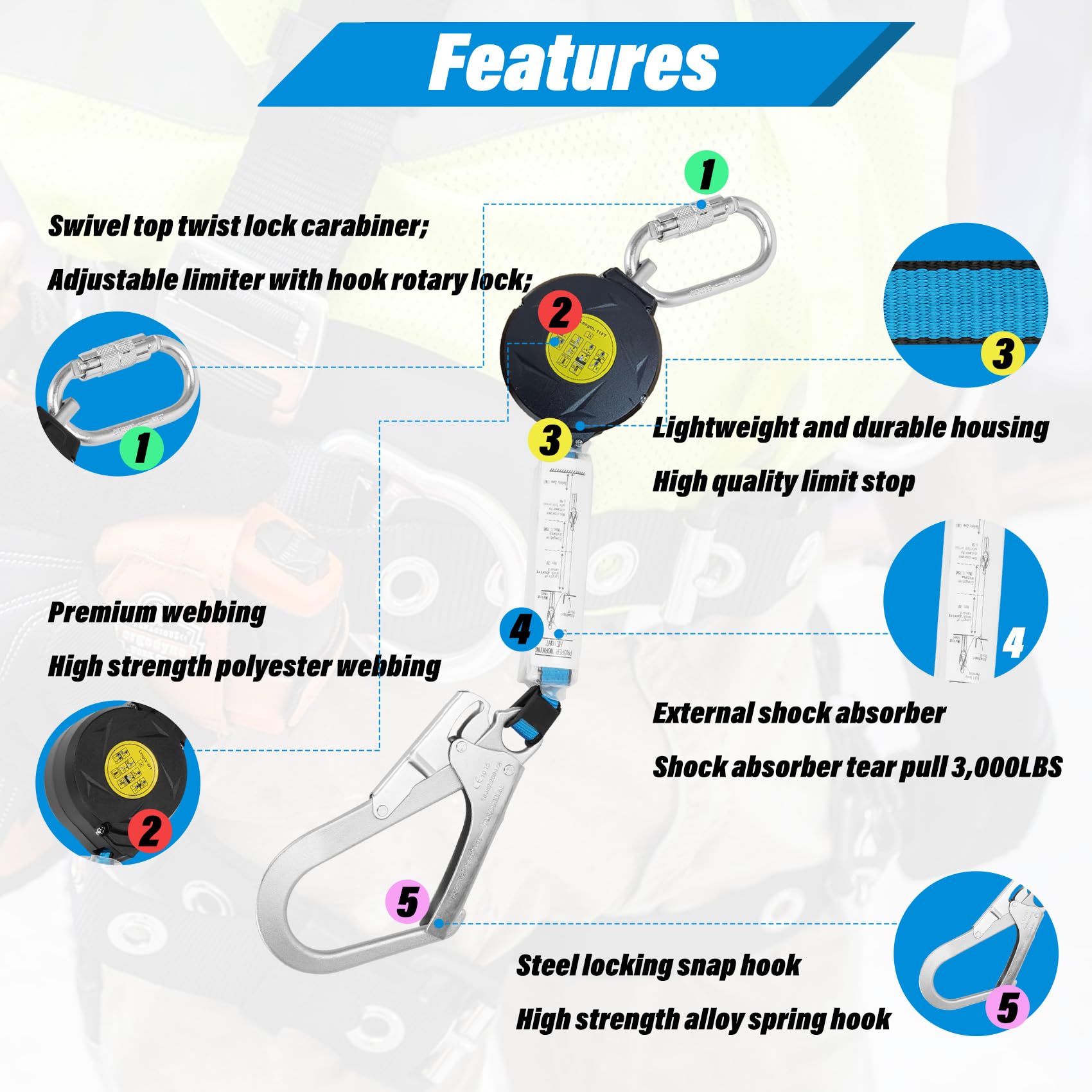 Snapklik.com : 11FT Self Retracting Lifeline, Retractable Safety ...