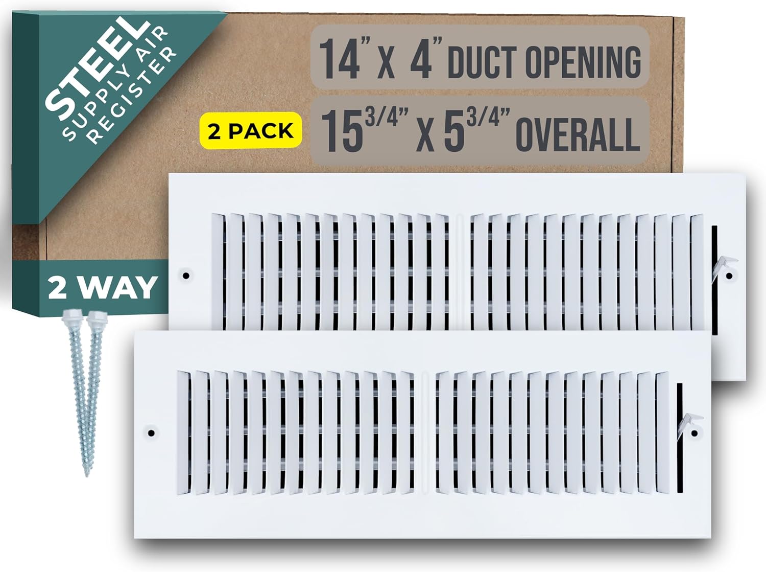 [2 Pack] Fits 14x4 Duct Opening 2 Way Steel Air Supply Diffuser by ...