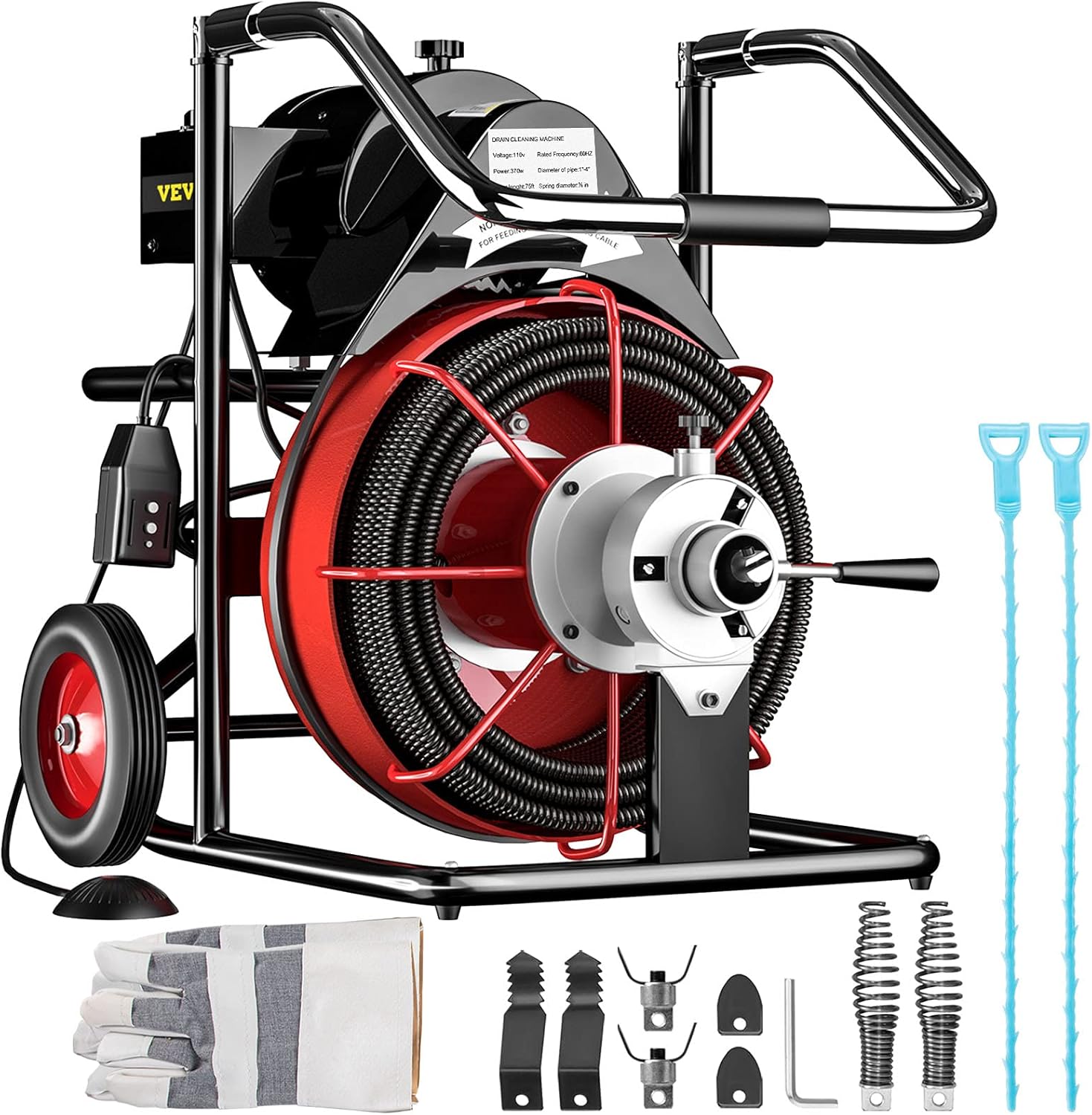 VEVOR 75 Ft x 3/8 Inch Cleaner 370W Open Drain Cleaning Machine for 1 ...