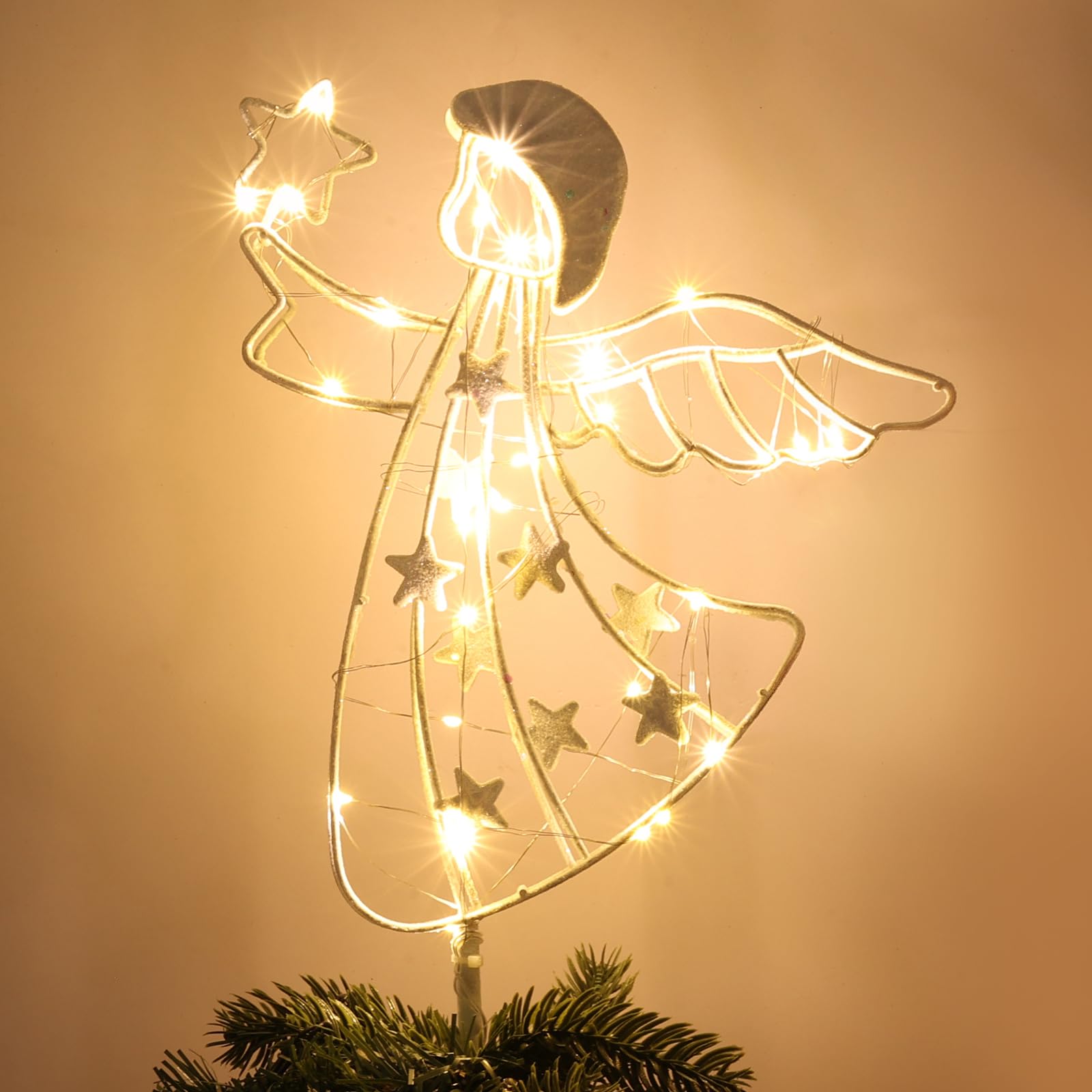 YEAHOME Christmas Tree Topper, Double Layer Lighted White Angel Tree ...
