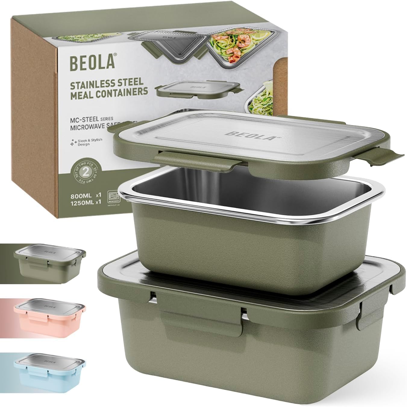 BEOLA Microwave Safe Stainless Steel Lunch Box 2pcs Set, MC-Steel™ 18/8 ...