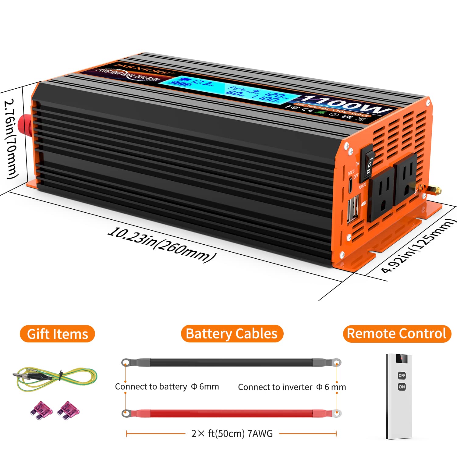 1100 Watt Pure Sine Wave Power Inverter 12V DC to 110V 120V Converter ...