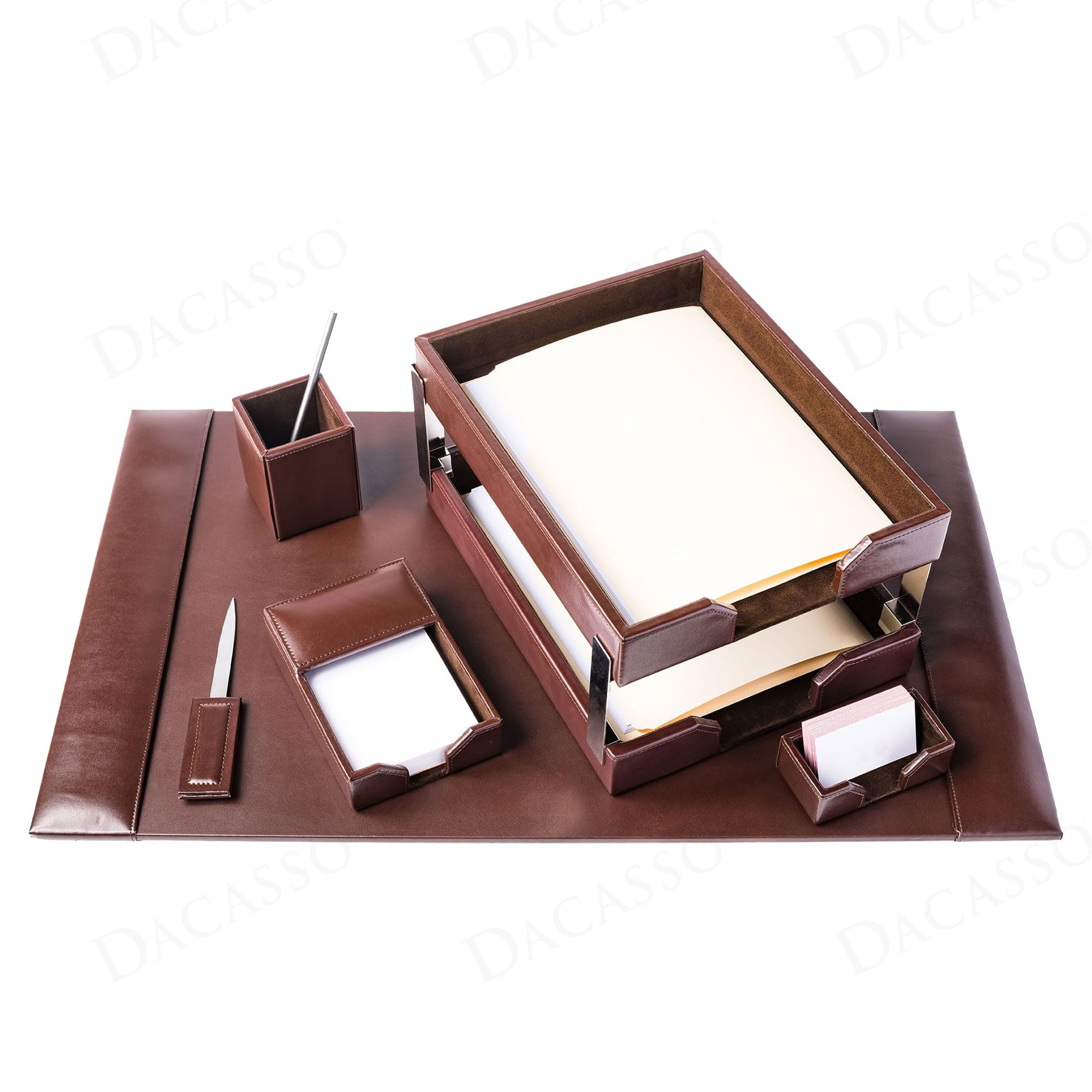 Amazon.com : Dacasso Dark Brown Bonded Leather 8-Piece Desk Accessory ...