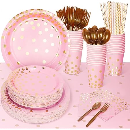 Amazon.com: Pink & Gold Party Supplies - 350 PCS Disposable Dinnerware ...
