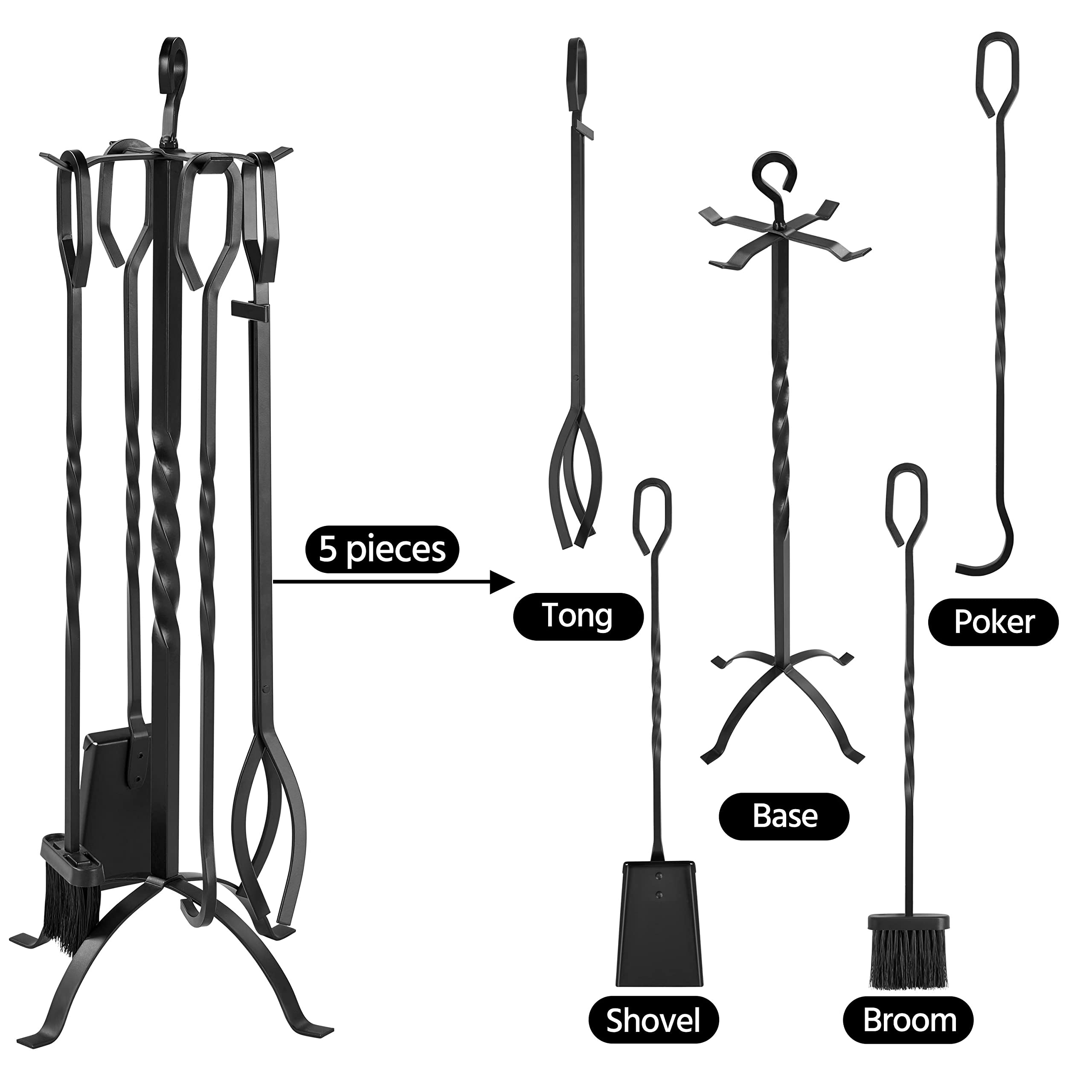 Yaheetech 5 Pieces Fireplace Tools Set Black, 32 Inch Wrought Iron Fire ...