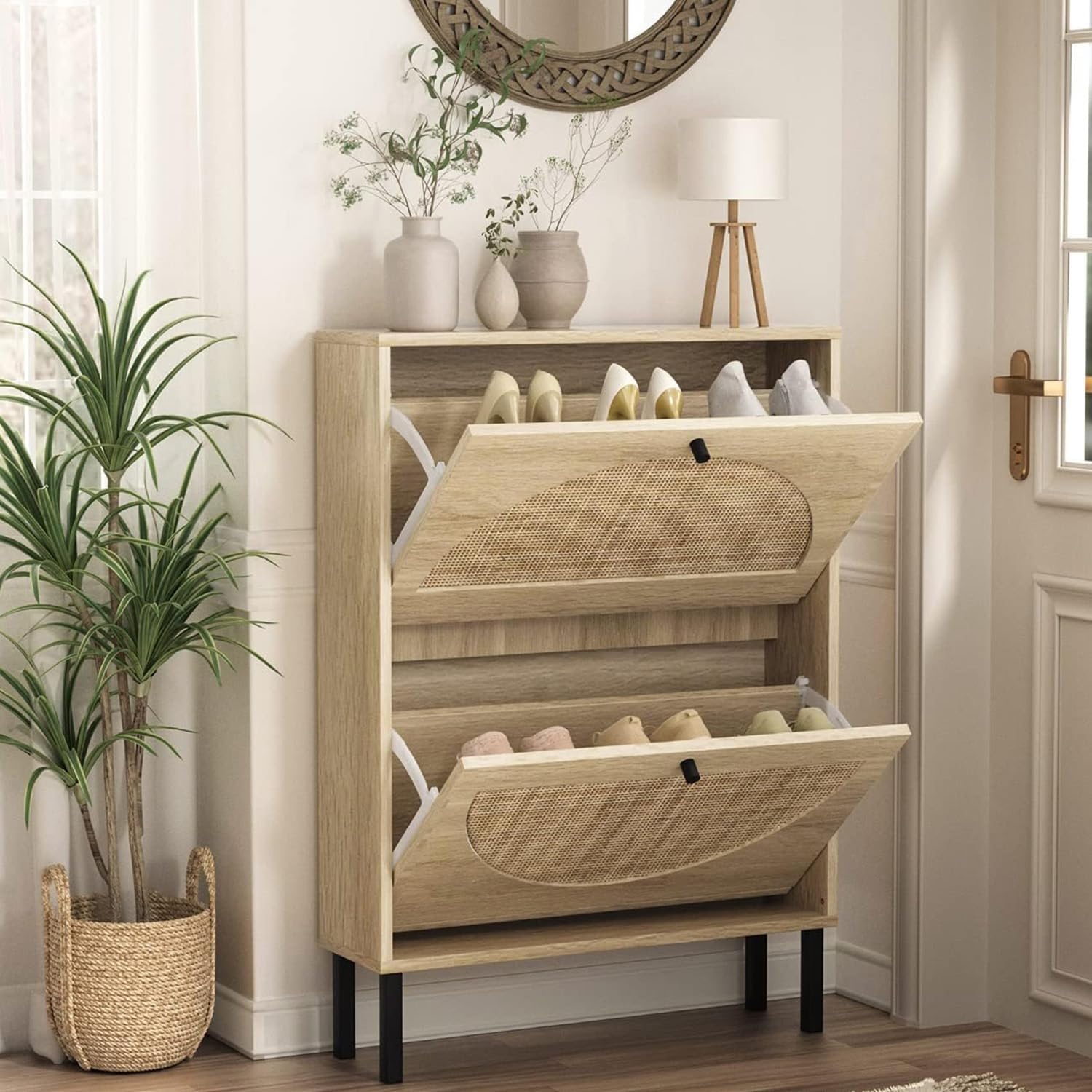 Angel Sar Rattan Shoe Cabinet with 2 Flip Drawers, Narrow Shoe Storage ...