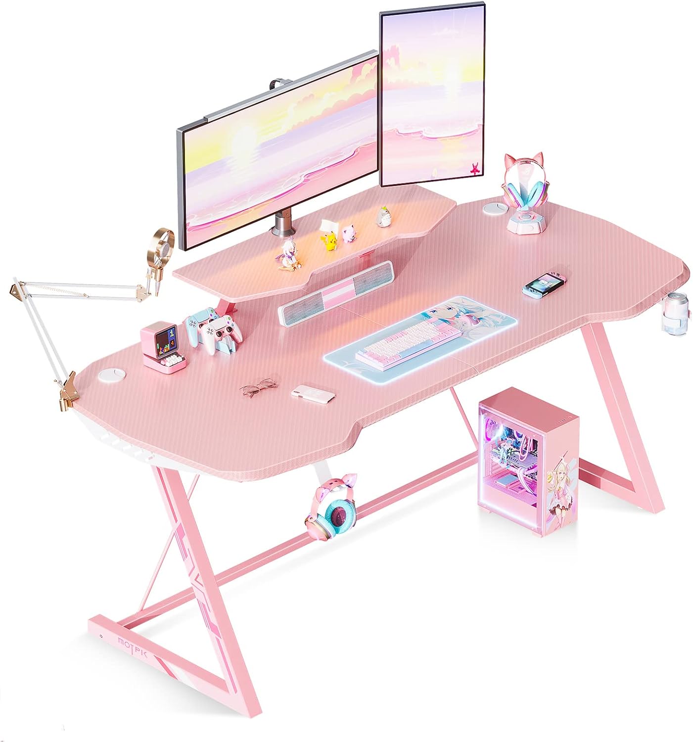 Amazon.com: MOTPK Pink Gaming Desk 63inch Z-Shaped Sturdy Gaming Table ...