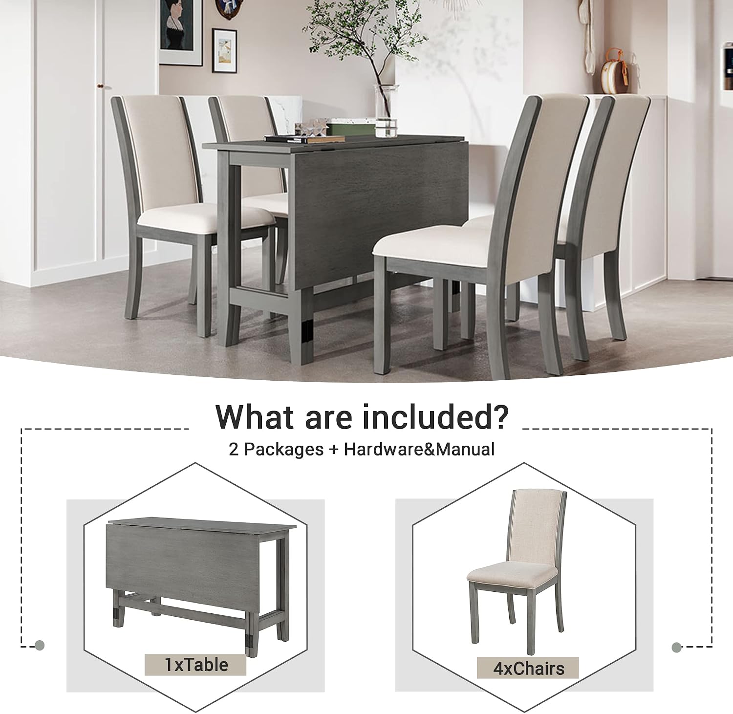 Juego de mesa de comedor extensible rústica de 5 piezas con hoja de ...