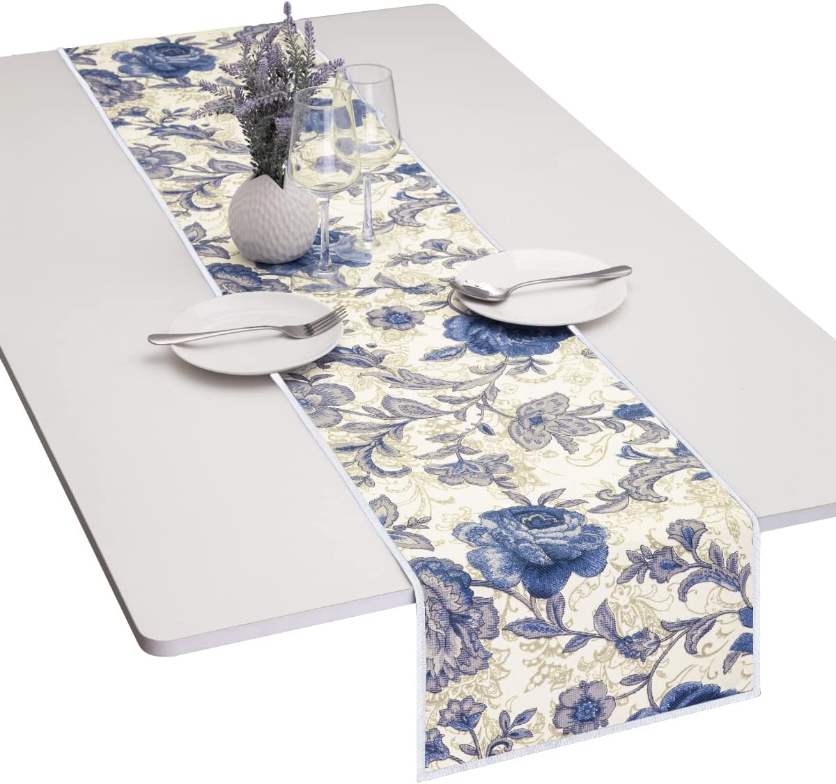 Amazon.com: mookaitedecor Cotton Table Runner, Blue Flower Table ...