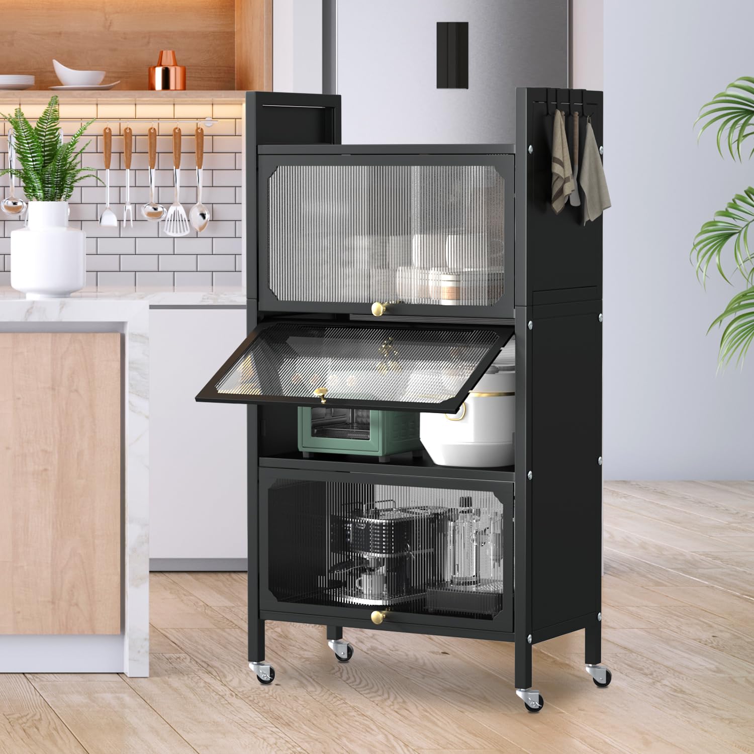 4 Tier Kitchen Storage Cabinet, Kitchen Bakers Rack with Flip Door for ...