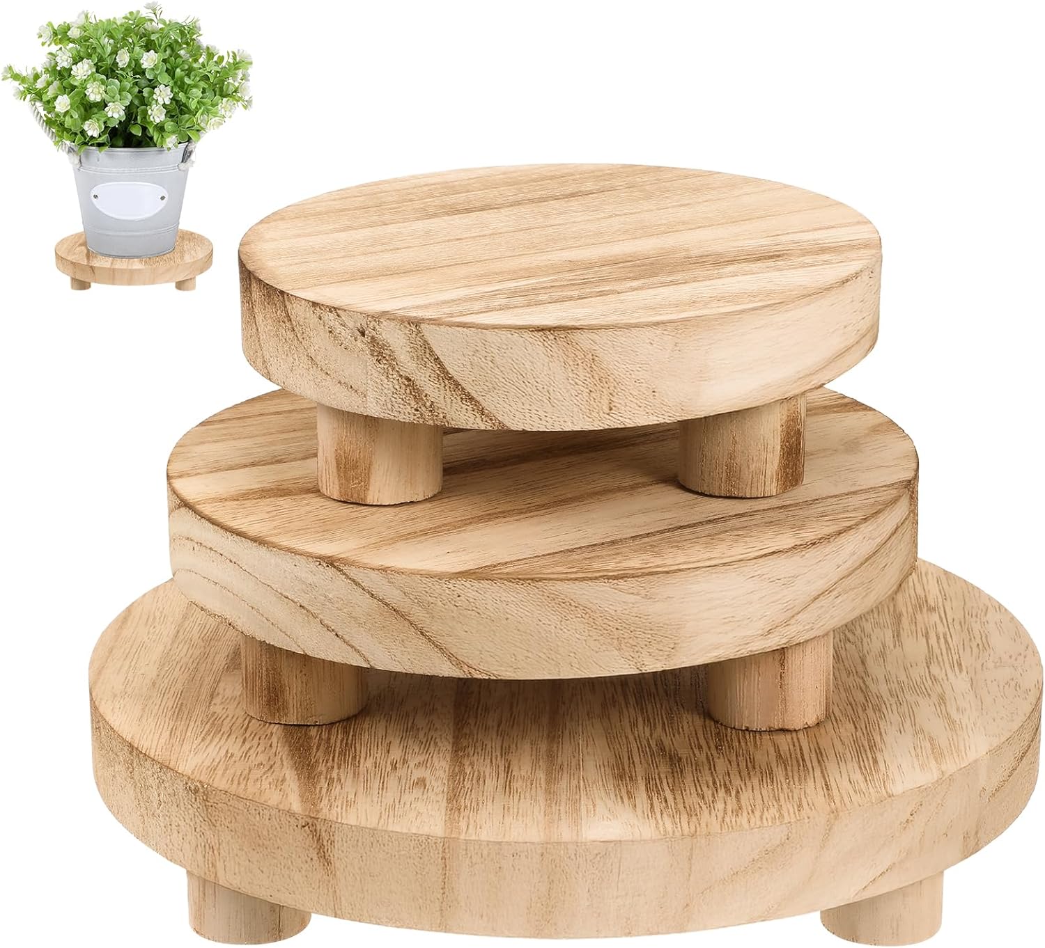 Amazon.com: 3pcs Wood Plant Stand Indoor Outdoor, Round Wood Risers ...