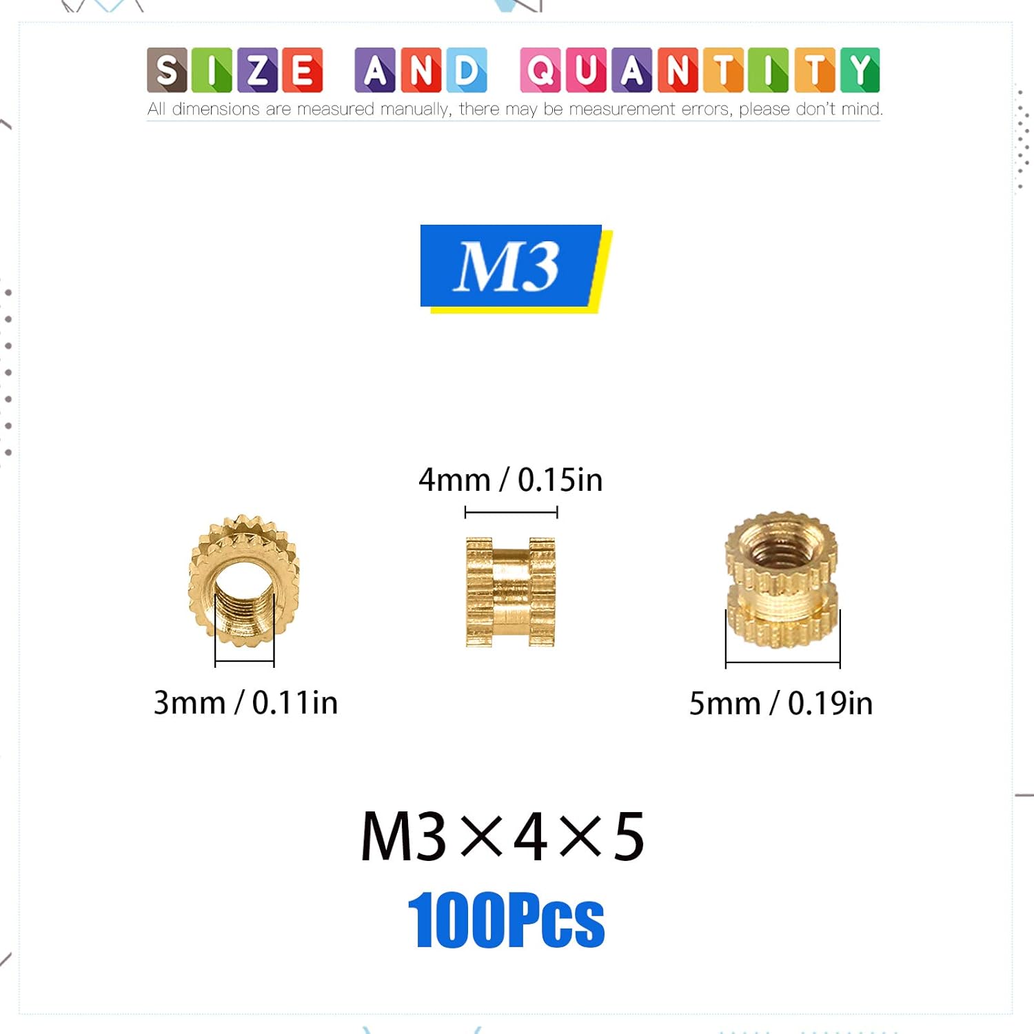 Glarks 100Pcs M3 x 4 x 5mm Female Thread Knurled Brass Threaded Insert Embedment Nut for 3D ...